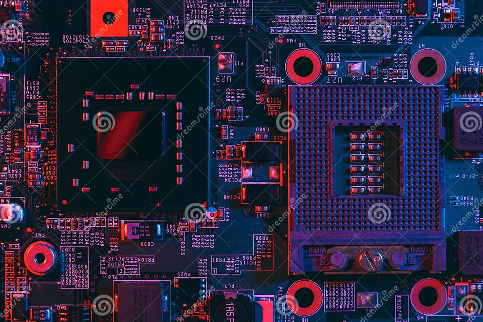 Hardware Technology Concept in Neon Light. Motherboard in Blue-red ...