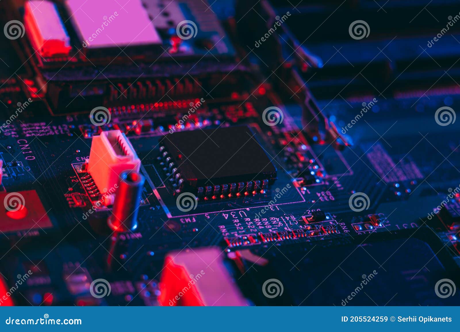 Hardware Technology Concept in Neon Light. Motherboard in Blue-red ...