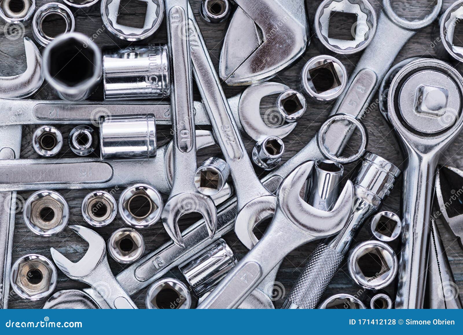 Hardware Tools, Adjustable Wrench, Socket Wrench, Sockets on Wood ...