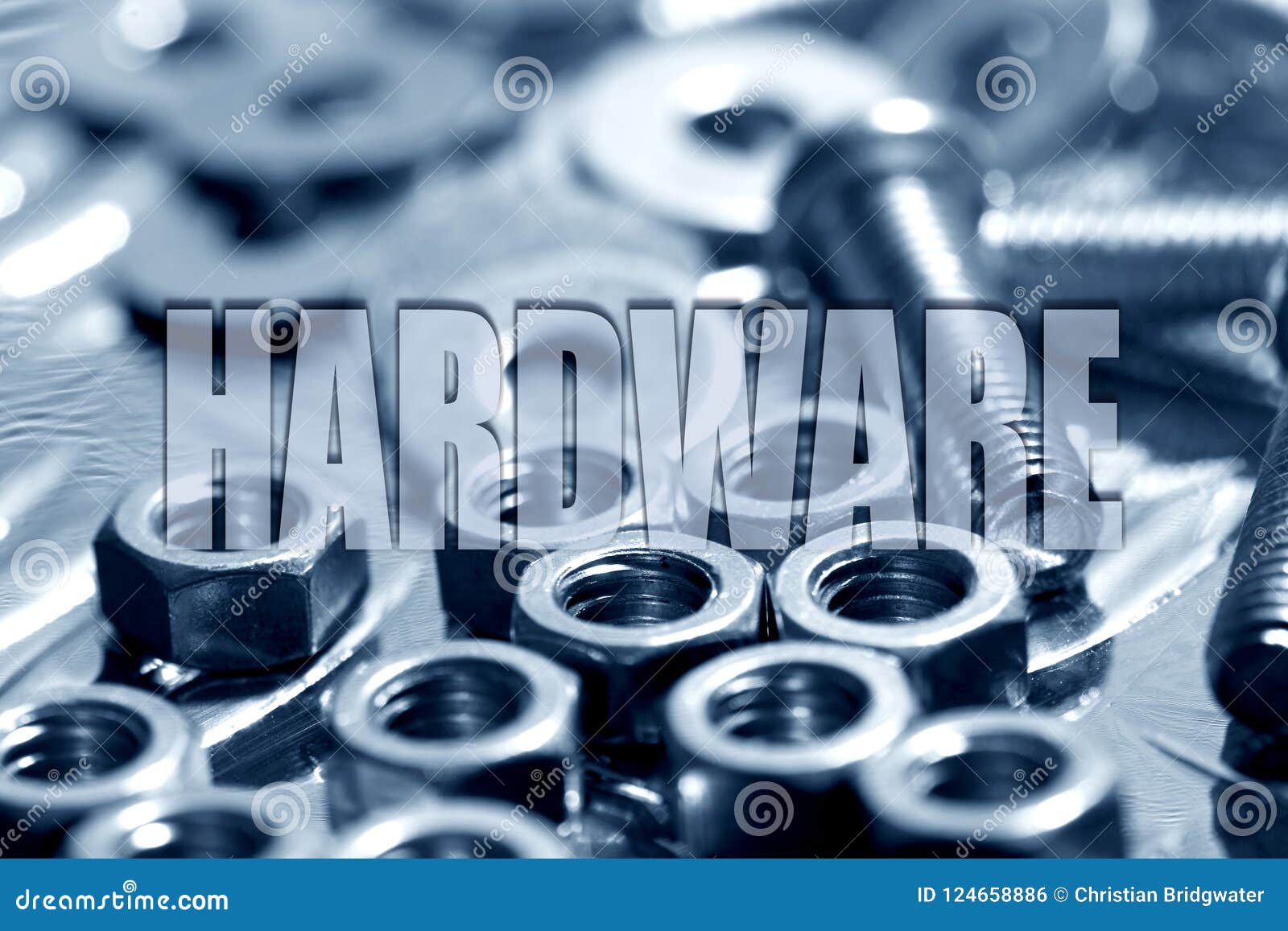 Hardware Written on Top of Nuts and Bolts in Blue Stock Photo - Image ...