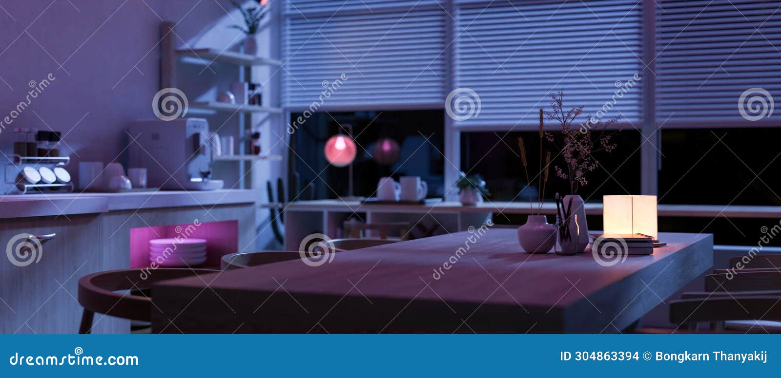 A Hardwood Kitchen Dining Table in a Modern Spacious Kitchen at Night ...