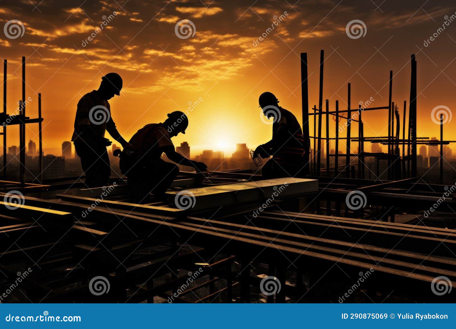Hardworking Men On Construction Site At Sunset Stock Photography ...