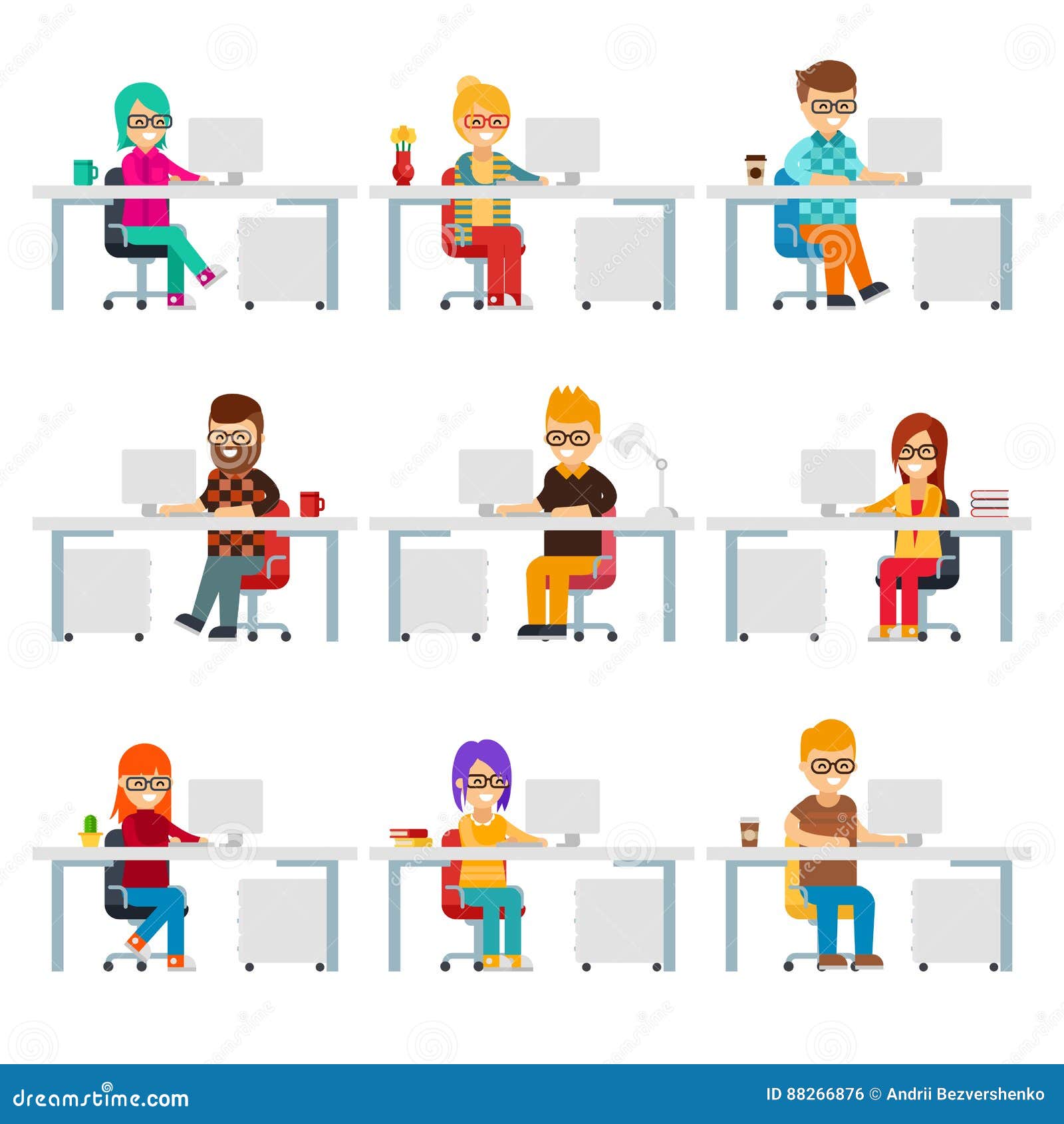 Hardworking Creative People Work in the Office with Computers Vector ...