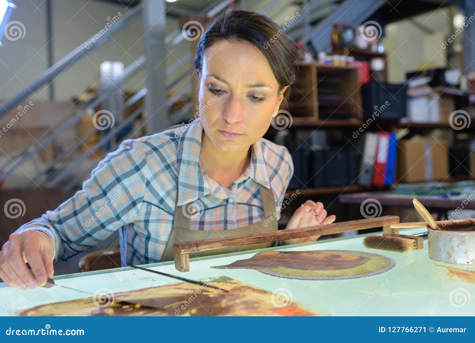 Hardworking Female Carpenter Using Abrasive Paper Stock Image - Image ...