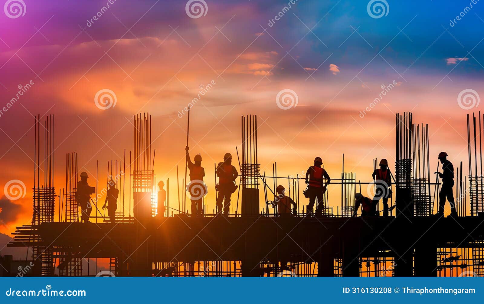 Hardworking Men on Construction Site at Sunset Stock Illustration ...