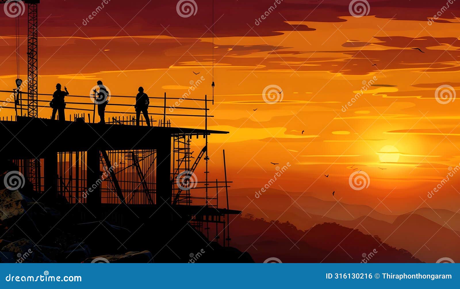 Hardworking Men on Construction Site at Sunset Stock Illustration ...