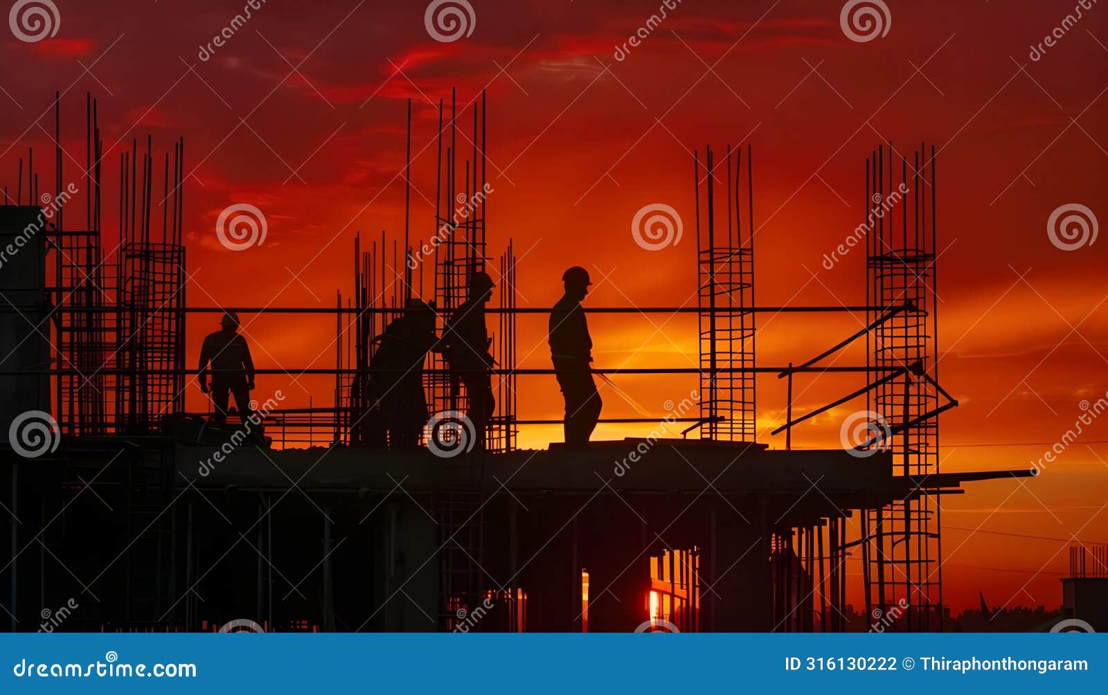 Hardworking Men on Construction Site at Sunset Stock Illustration ...