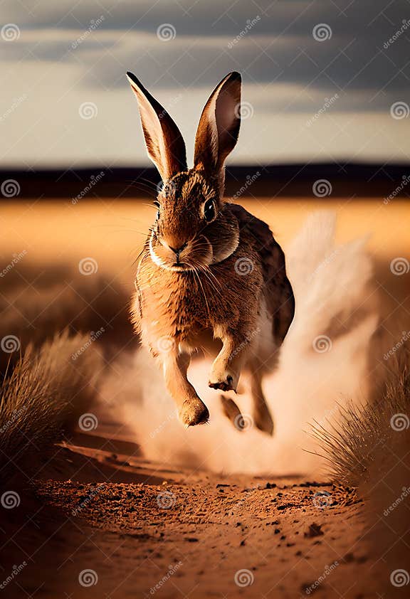 Hare Jumping in the Desert at Sunset. AI Generative Stock Illustration ...
