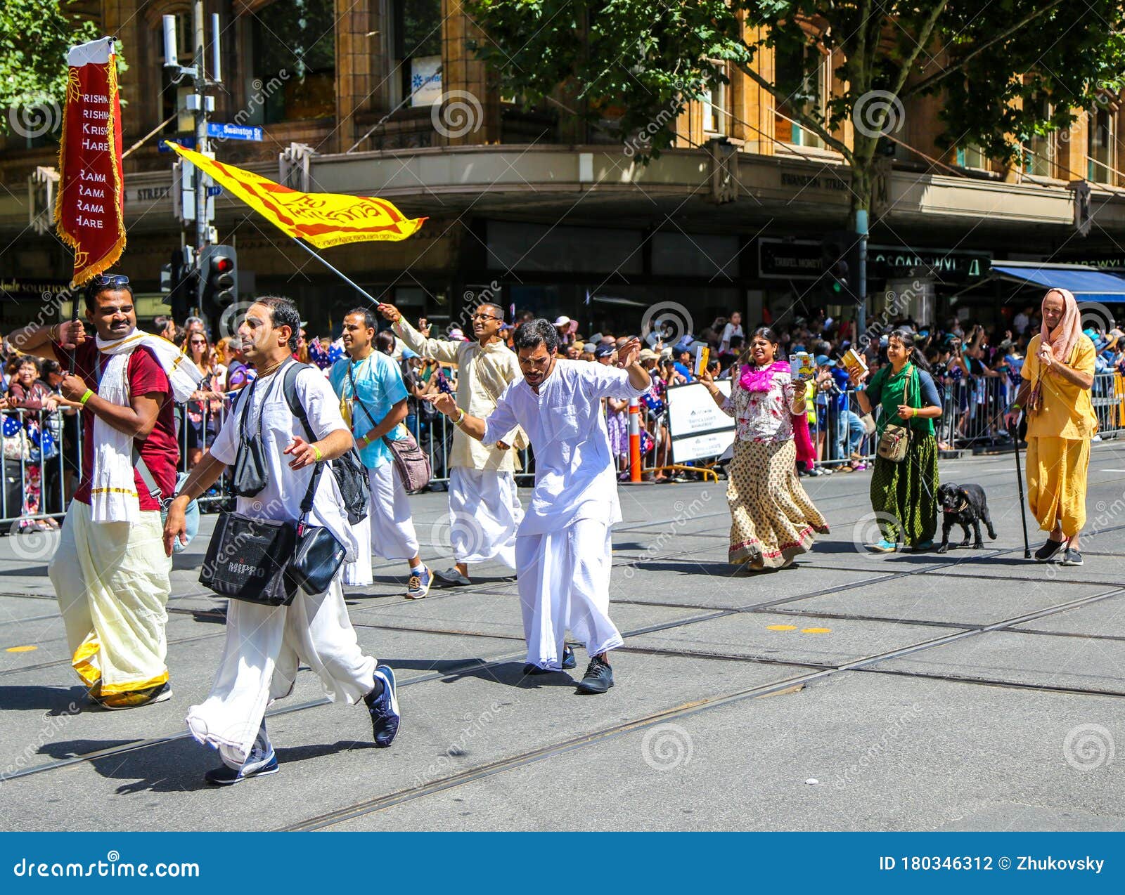 Members Of A Marching Band Play Their Instruments At A Parade During ...
