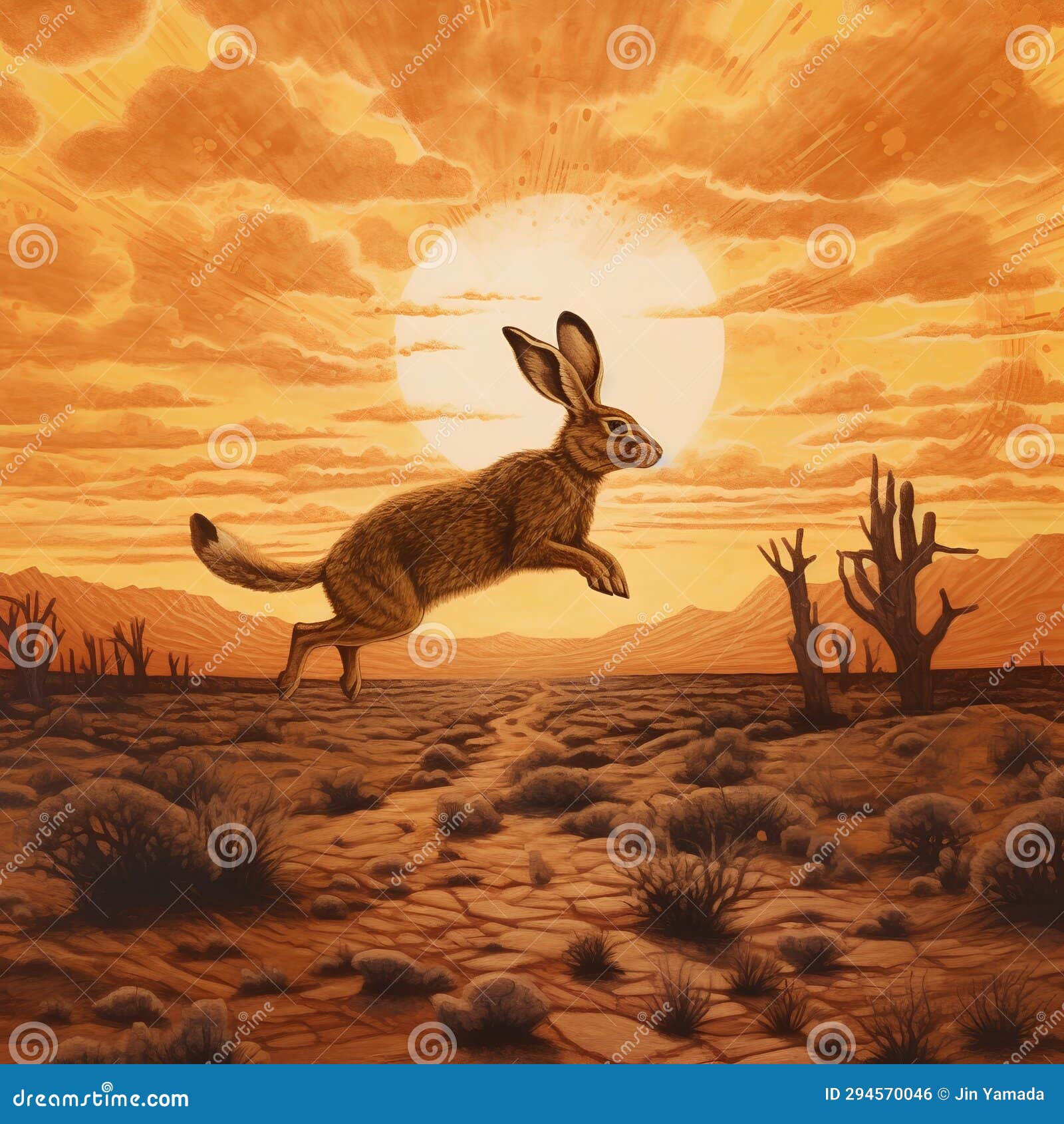 Hare Running in the Desert at Sunset. Digital Painting Illustration ...