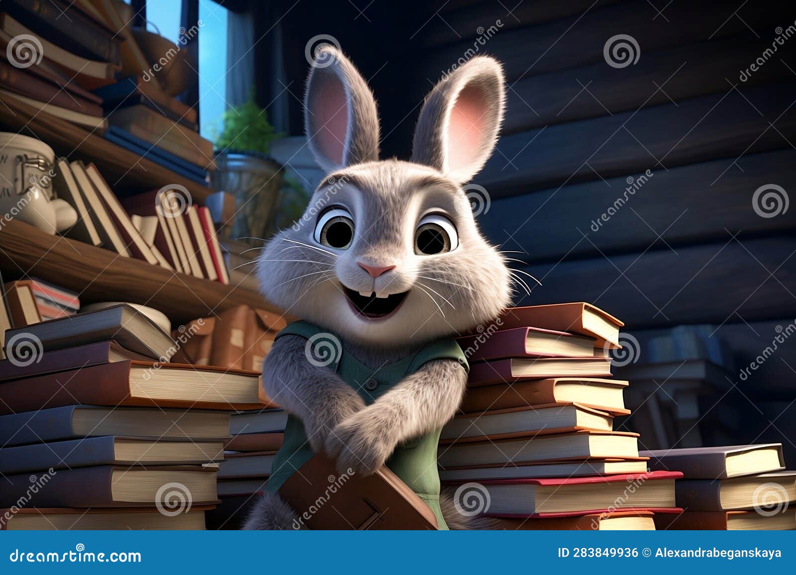 The Hare is Standing in the Library with Books Stock Illustration ...