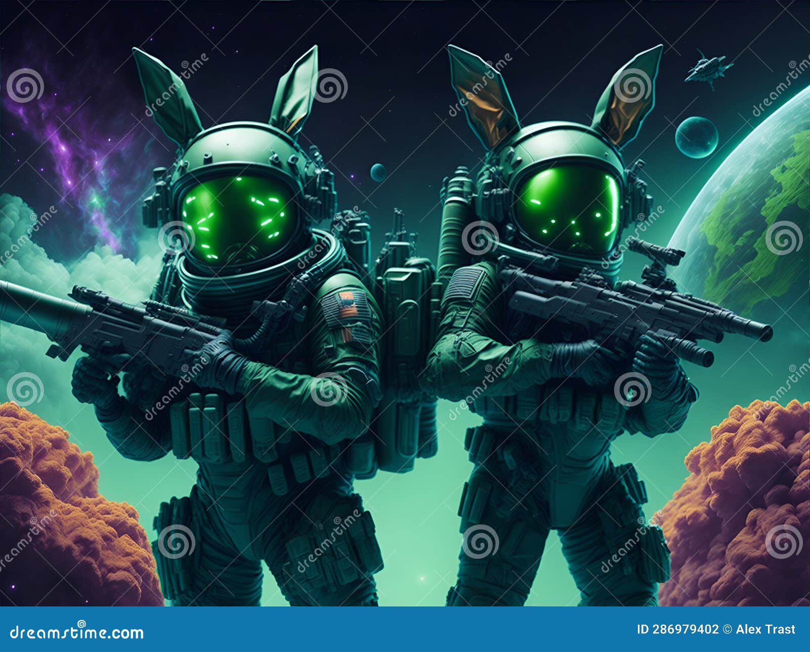 Hares Astronauts with Weapons on an Alien Planet. Stock Illustration ...