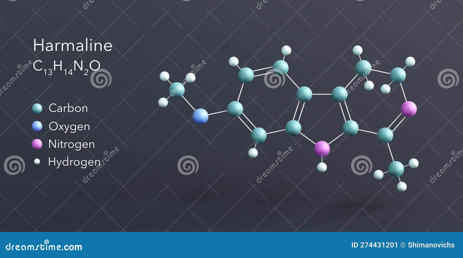 Harmaline Molecule 3d Rendering, Flat Molecular Structure with Chemical ...