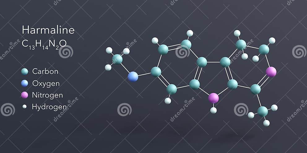 Harmaline Molecule 3d Rendering, Flat Molecular Structure with Chemical ...