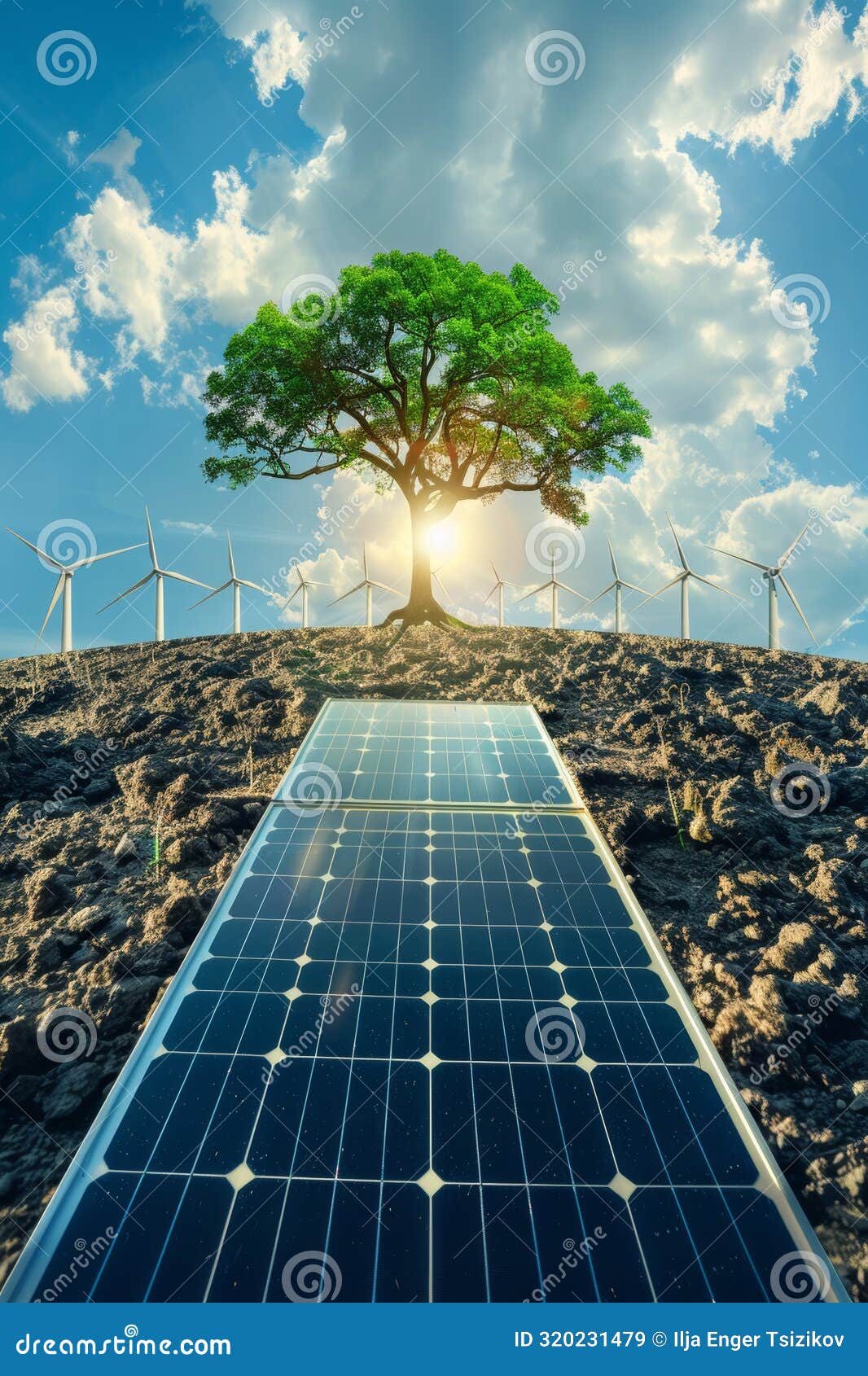 Harmonious Blend of Wind Turbine, Solar Panel, and Tree for Sustainable ...