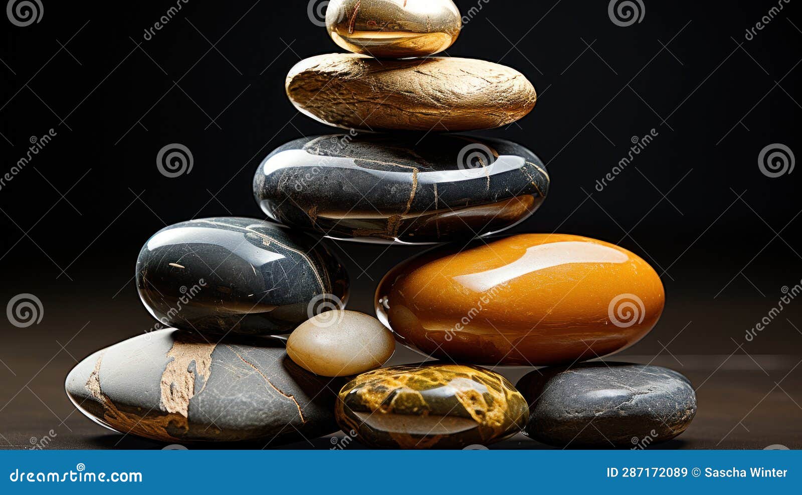 Harmonious Heights: Stacked Polished Rocks in Black, Gold, and Silver ...
