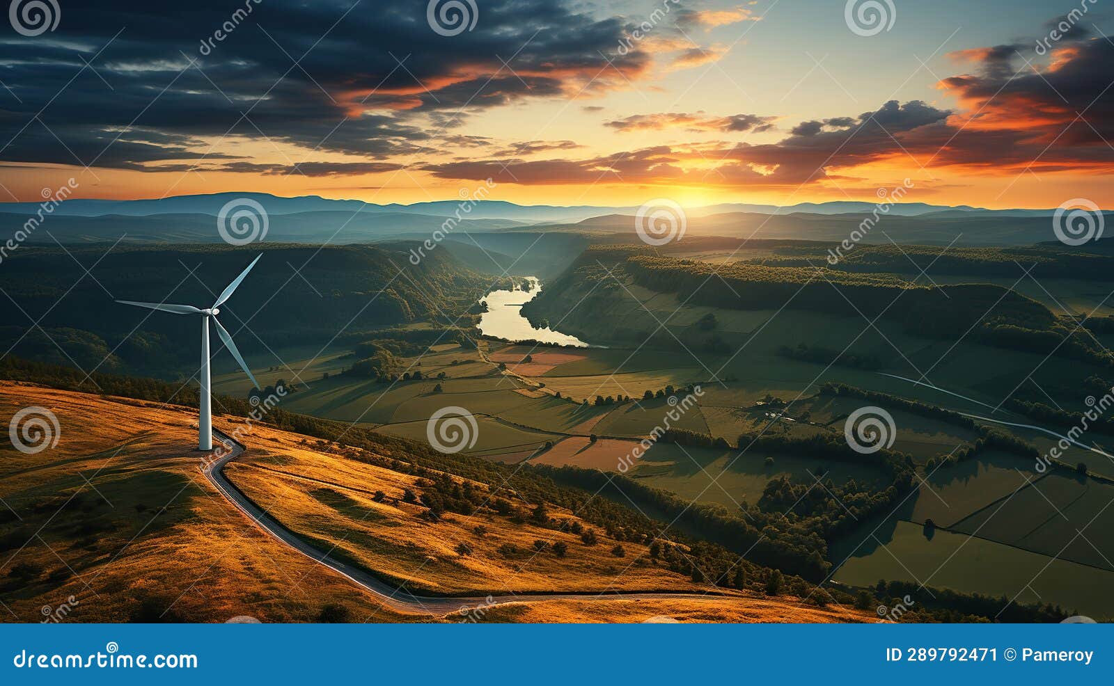 Harmony of Nature and Technology. Captivating Sunset Views with Wind ...