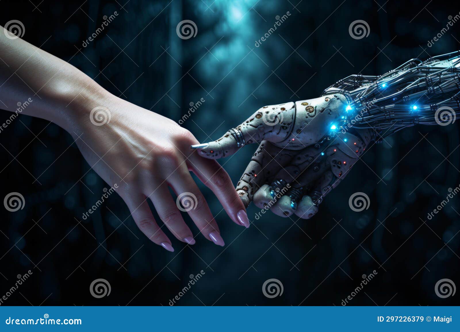 Collaboration Between Humanity And Technology. Hands Of Human And Robot ...