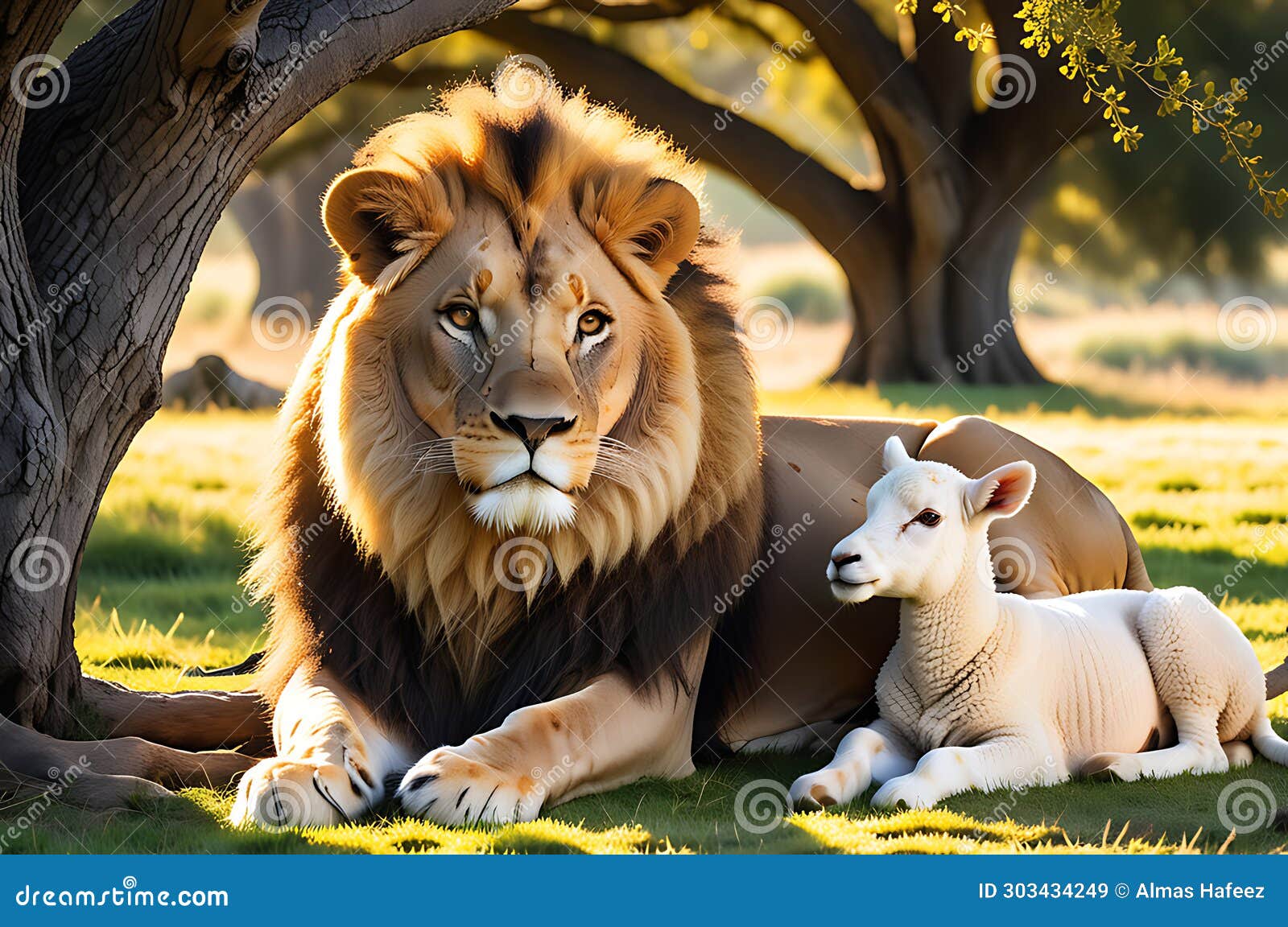 Harmony Unveiled: Lion Nuzzling a Lamb in a Serene Meadow Under an ...