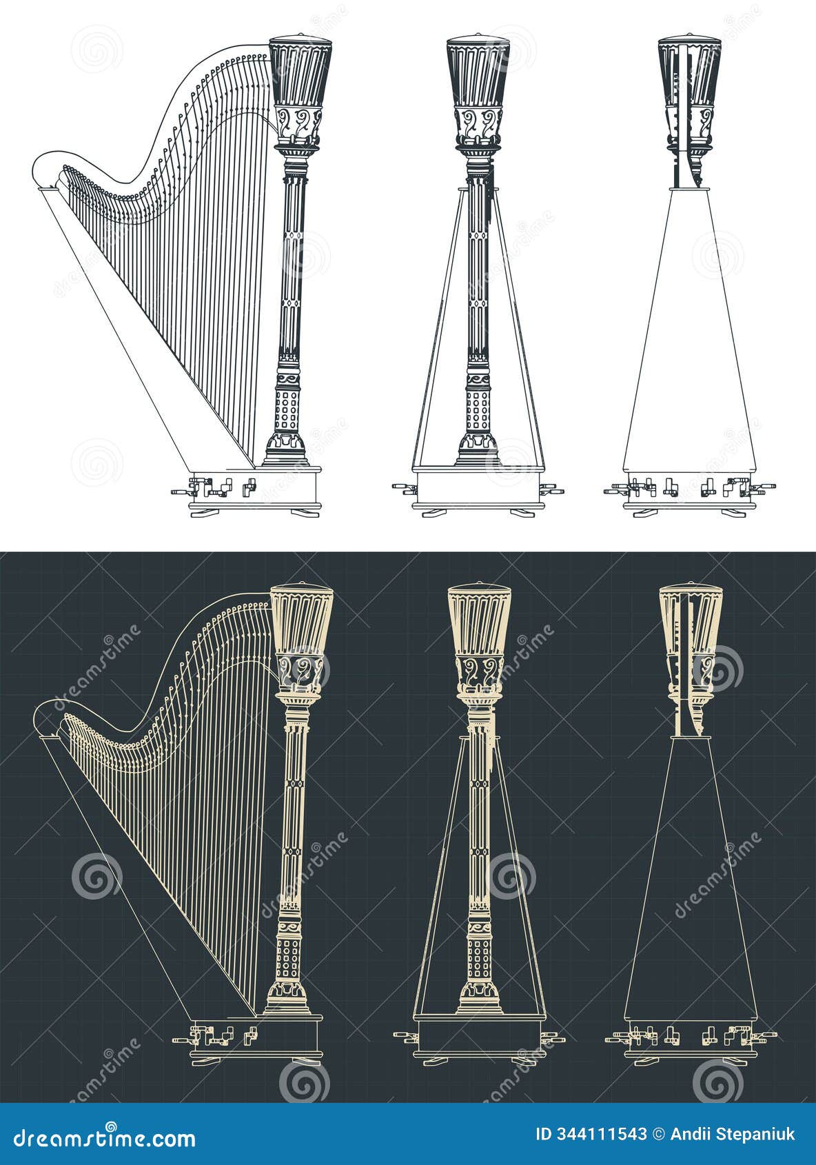 Harp Classical Instrument Blueprints Stock Vector - Illustration of ...