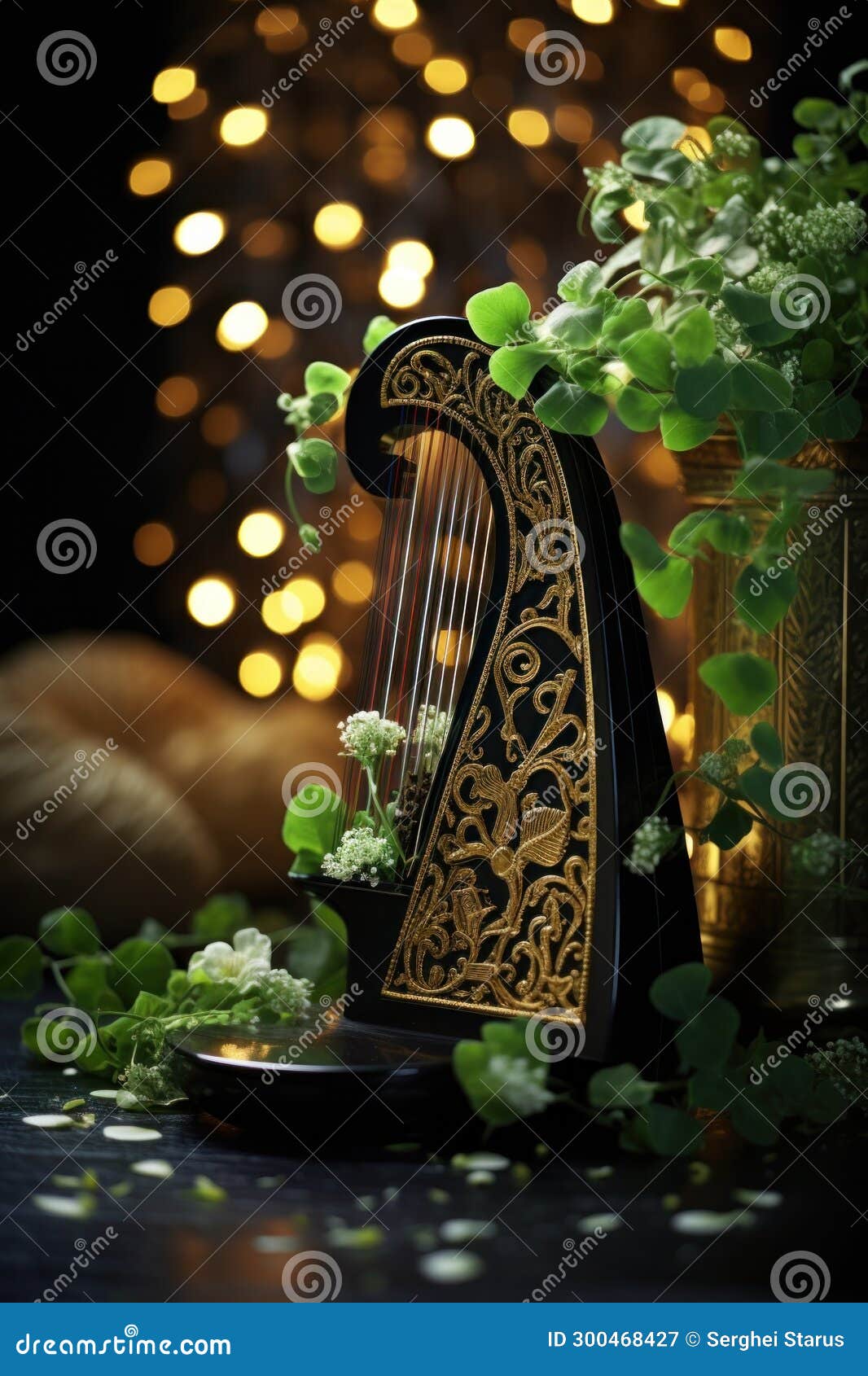 A Harp with Flowers and Greenery on a Table, AI Stock Illustration ...