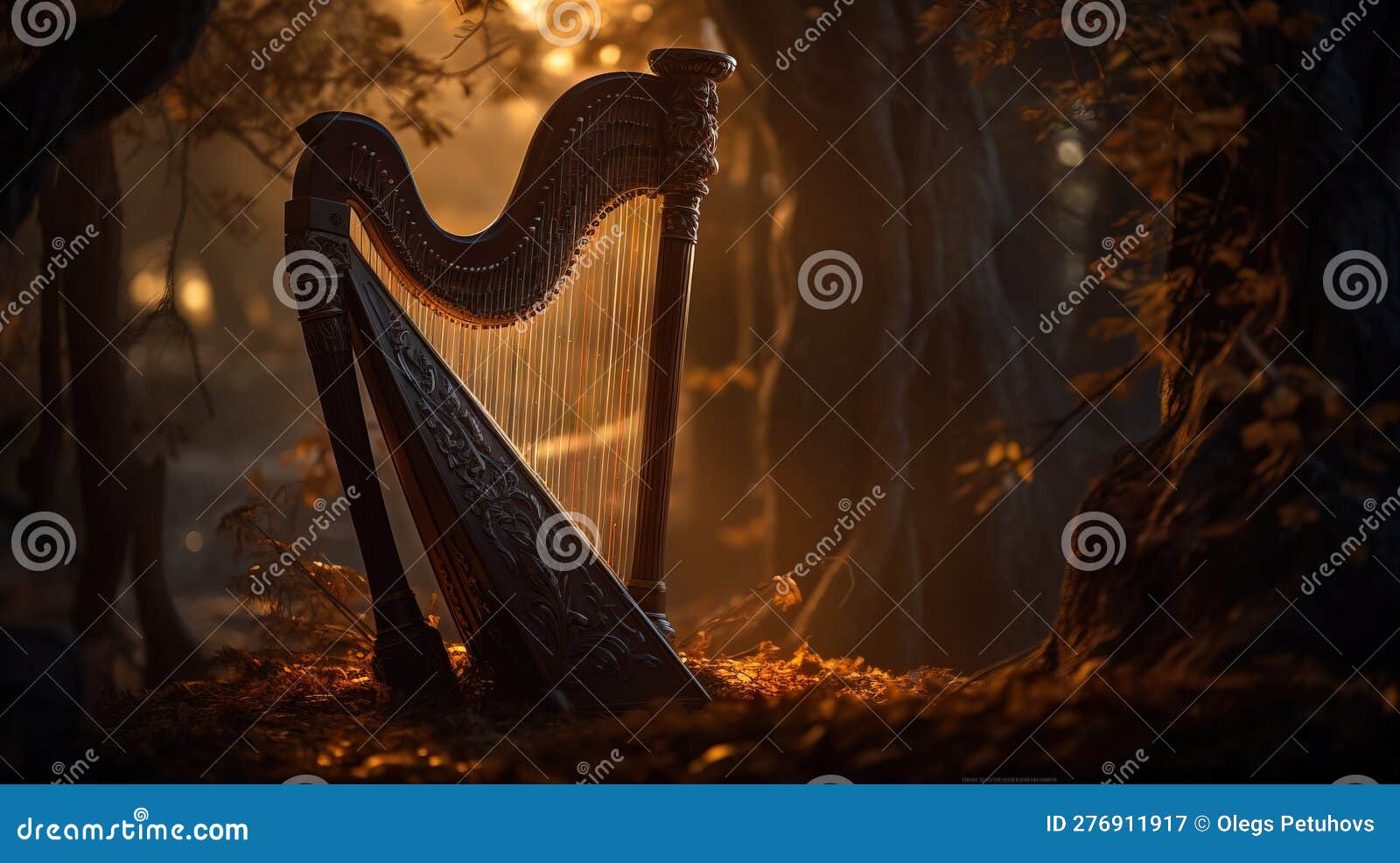 A Harp in a Forest with a Light Shining through the Trees and Leaves on ...