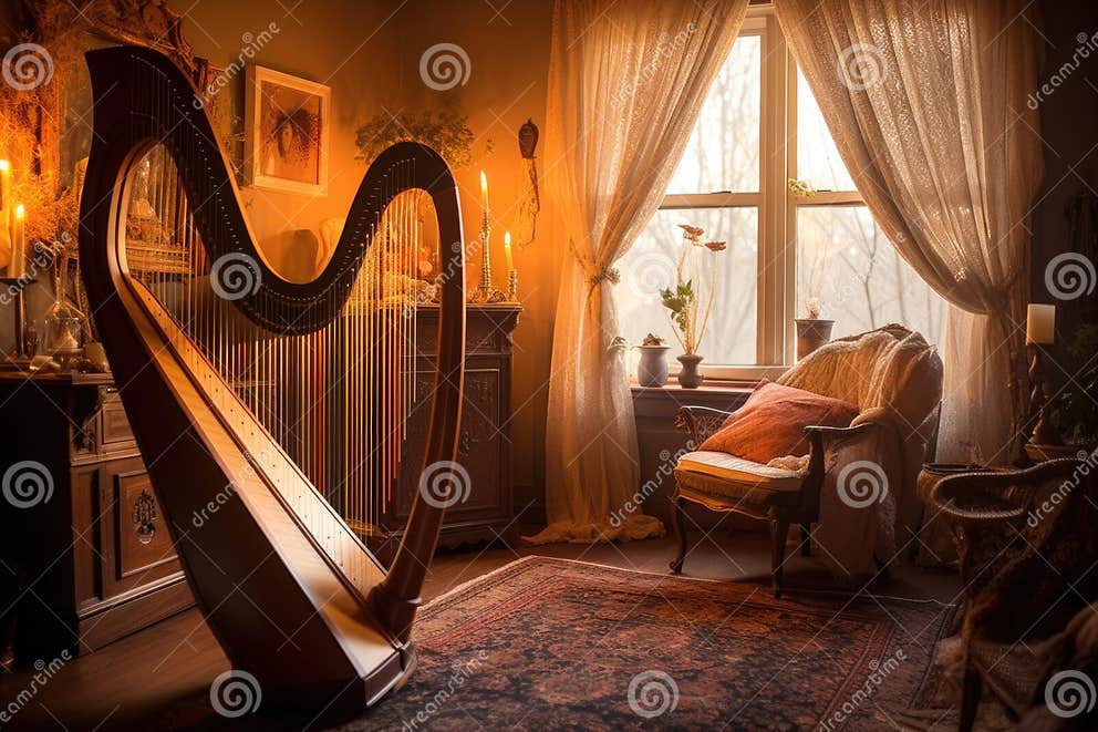 Harp in Front of Fireplace, Warm and Inviting Stock Image - Image of ...