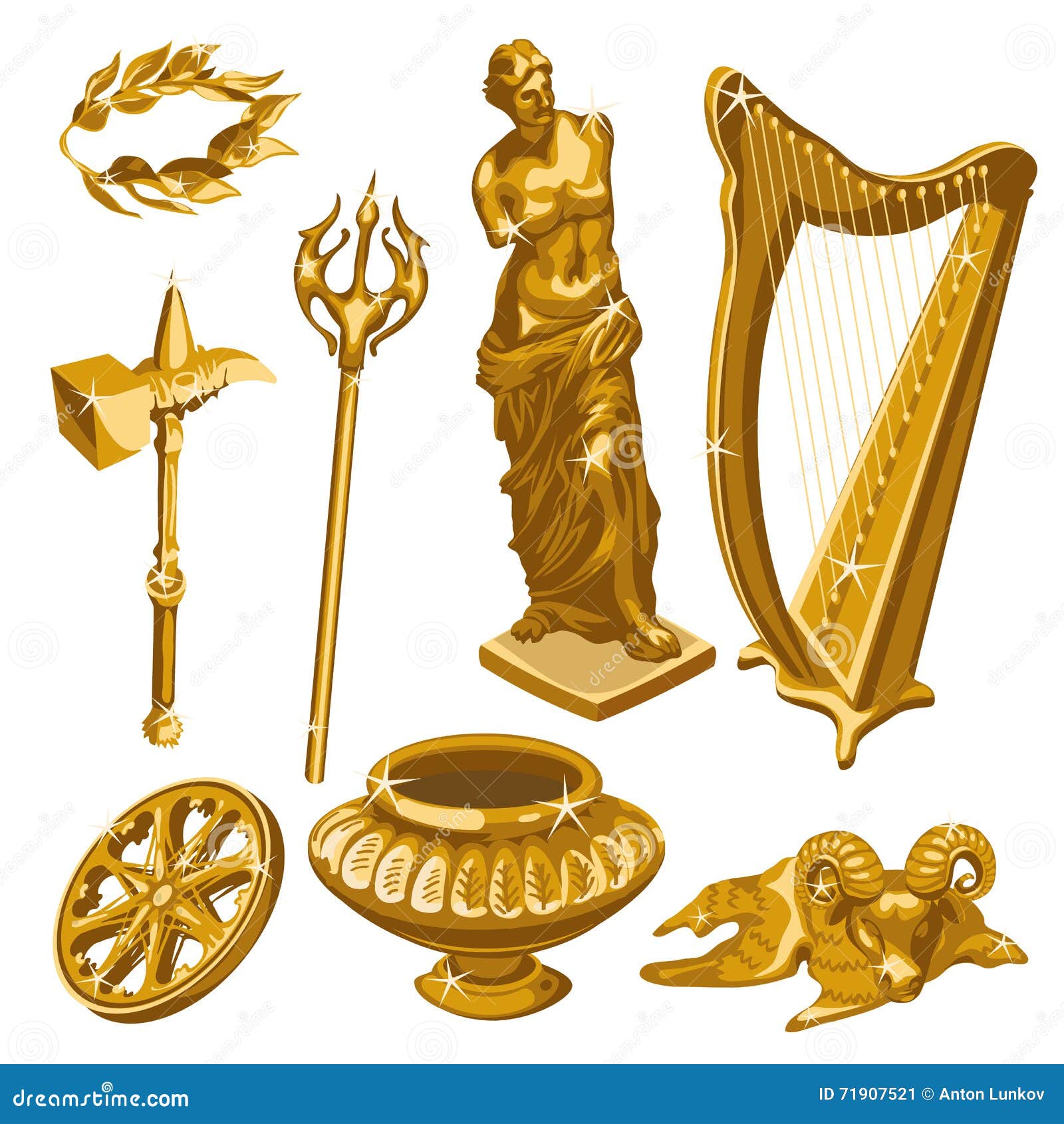 Harp, Statue, Weapons and Other Items of Antiquity Stock Vector ...