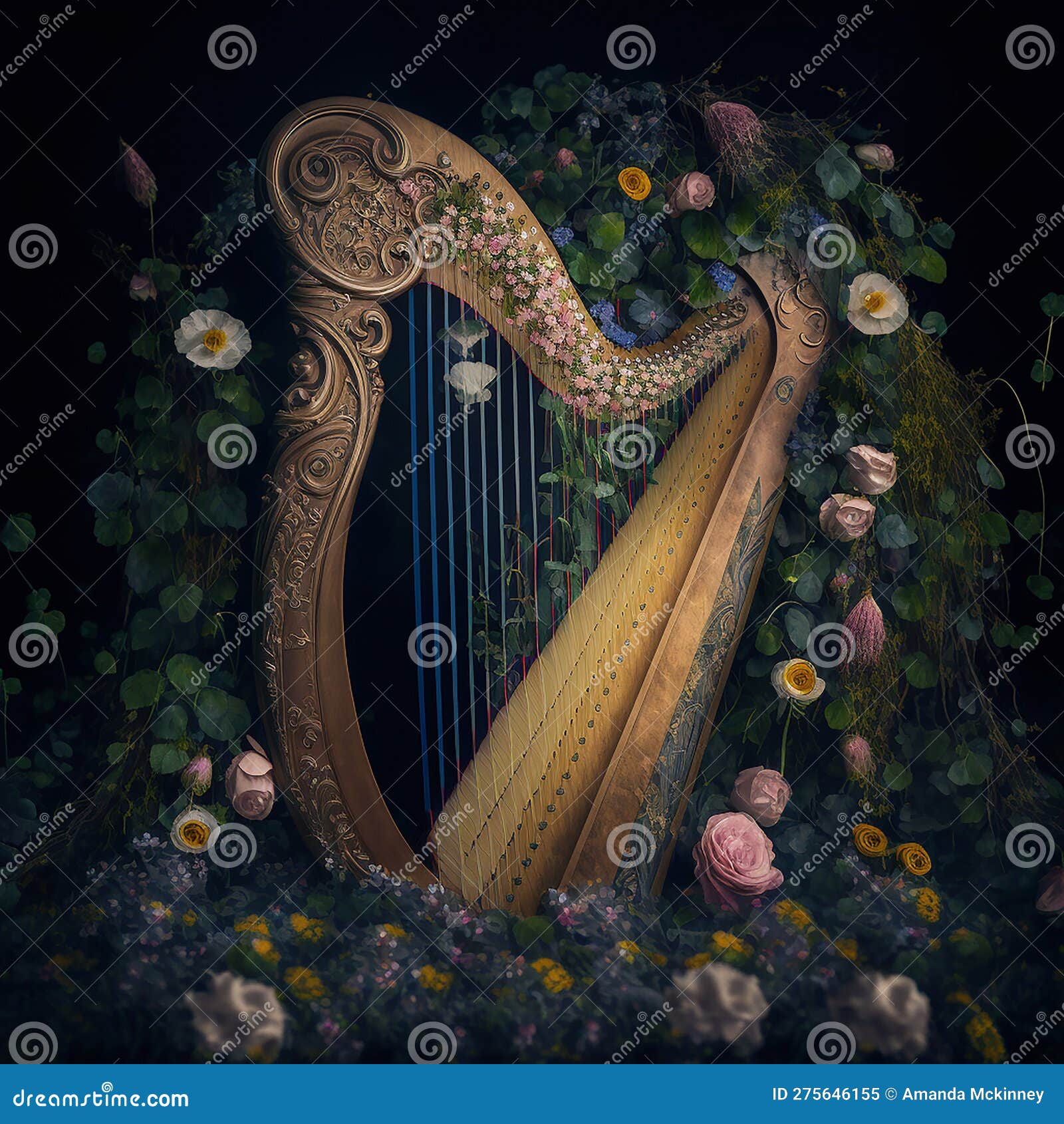 Harp Surrounded by Beautiful Floral. Ai Generated. Stock Illustration ...