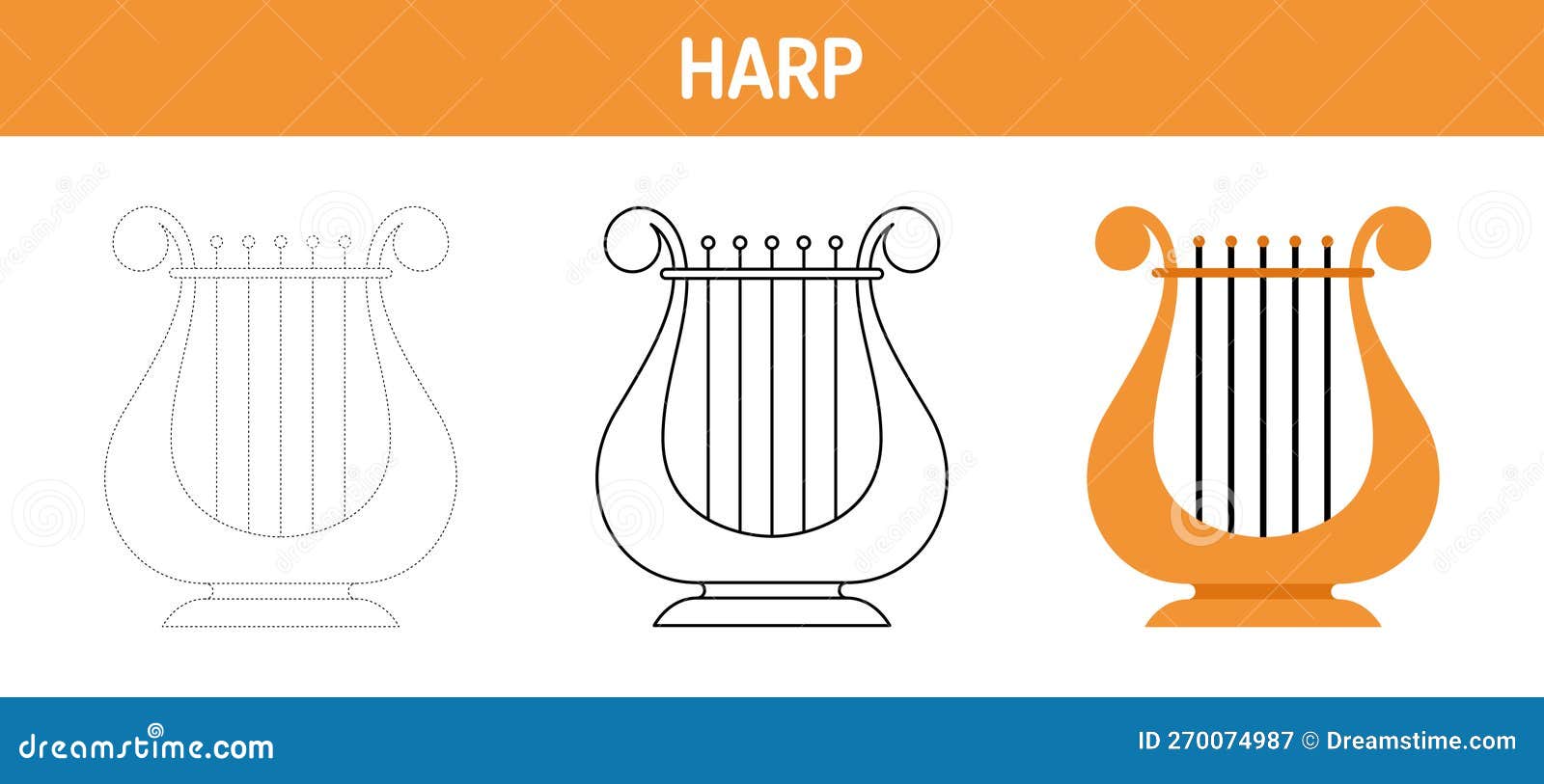 Harp Tracing and Coloring Worksheet for Kids Stock Vector ...