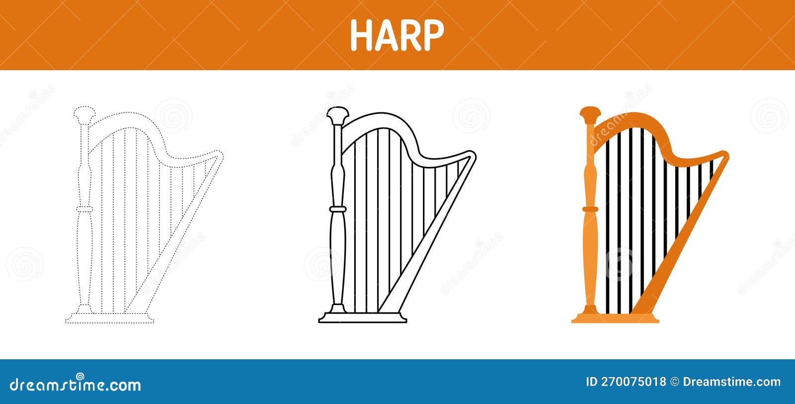 Harp Tracing and Coloring Worksheet for Kids Stock Vector ...
