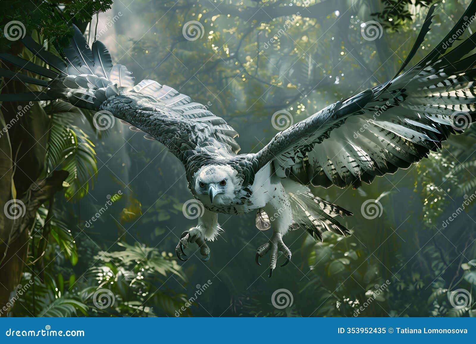 Harpy Eagle in Mid-flight with Its Talons Extended, Hyper-realistic, Vibrant Jungle Backdrop ...
