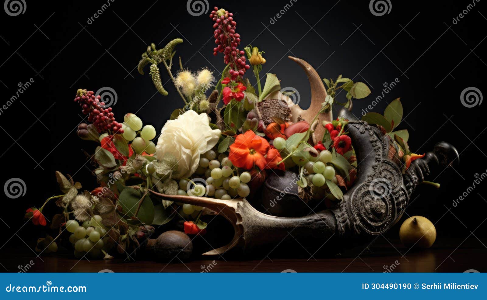Harvest and Abundance Concept. Plants and Grapes on Black Background ...