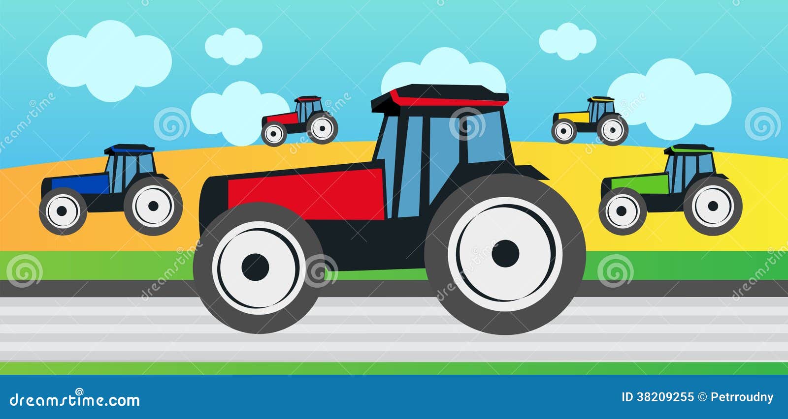 Harvest And Many Tractors Cartoon Vector | CartoonDealer.com #38209255