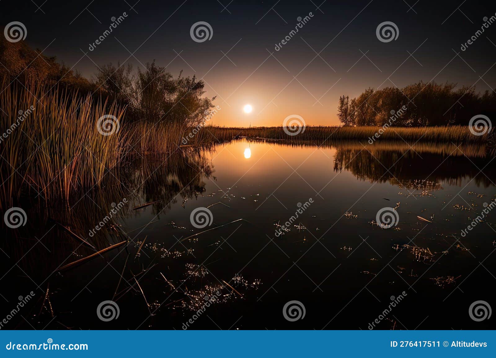 Harvest Moon Above a Lake, Casting Shimmering Reflection on the Water ...