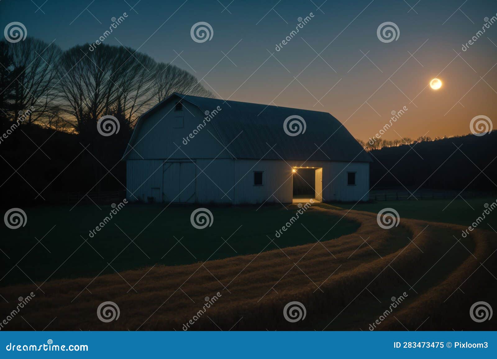 A Harvest Moon Casting Shadows Over a Quiet Barn Stock Illustration ...