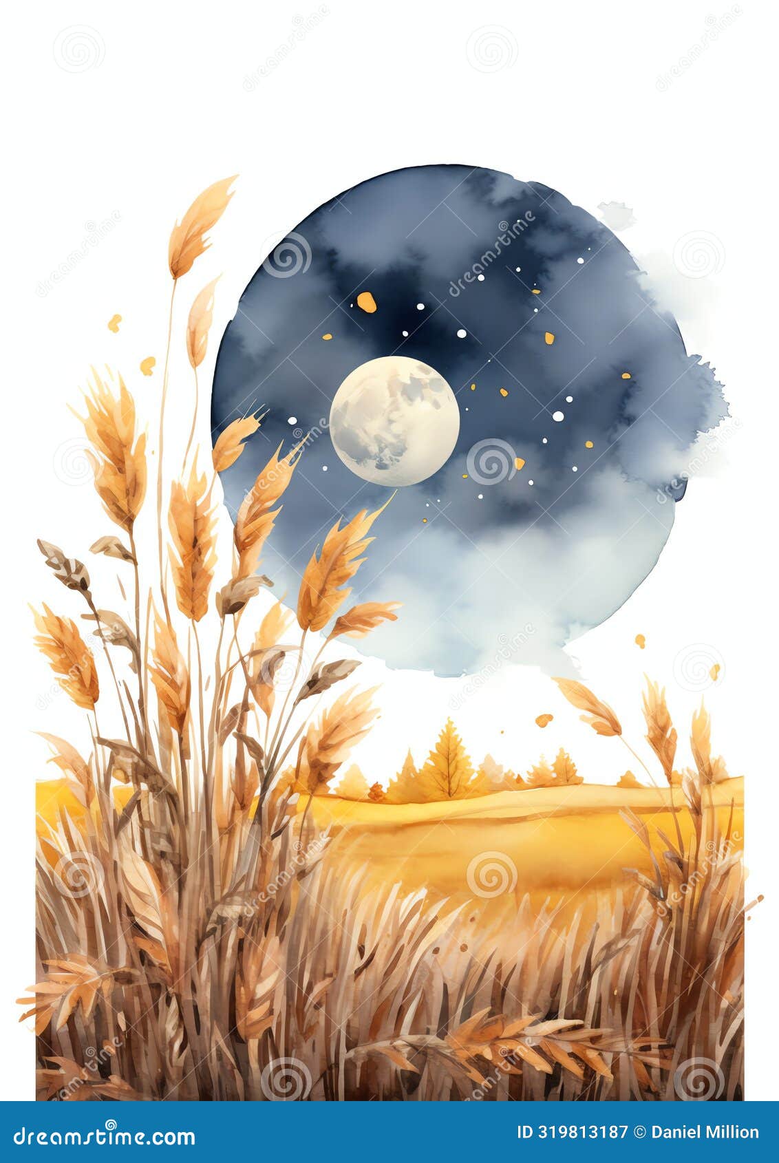 Harvest Moon in the Night Sky Watercolor Border Stock Illustration ...