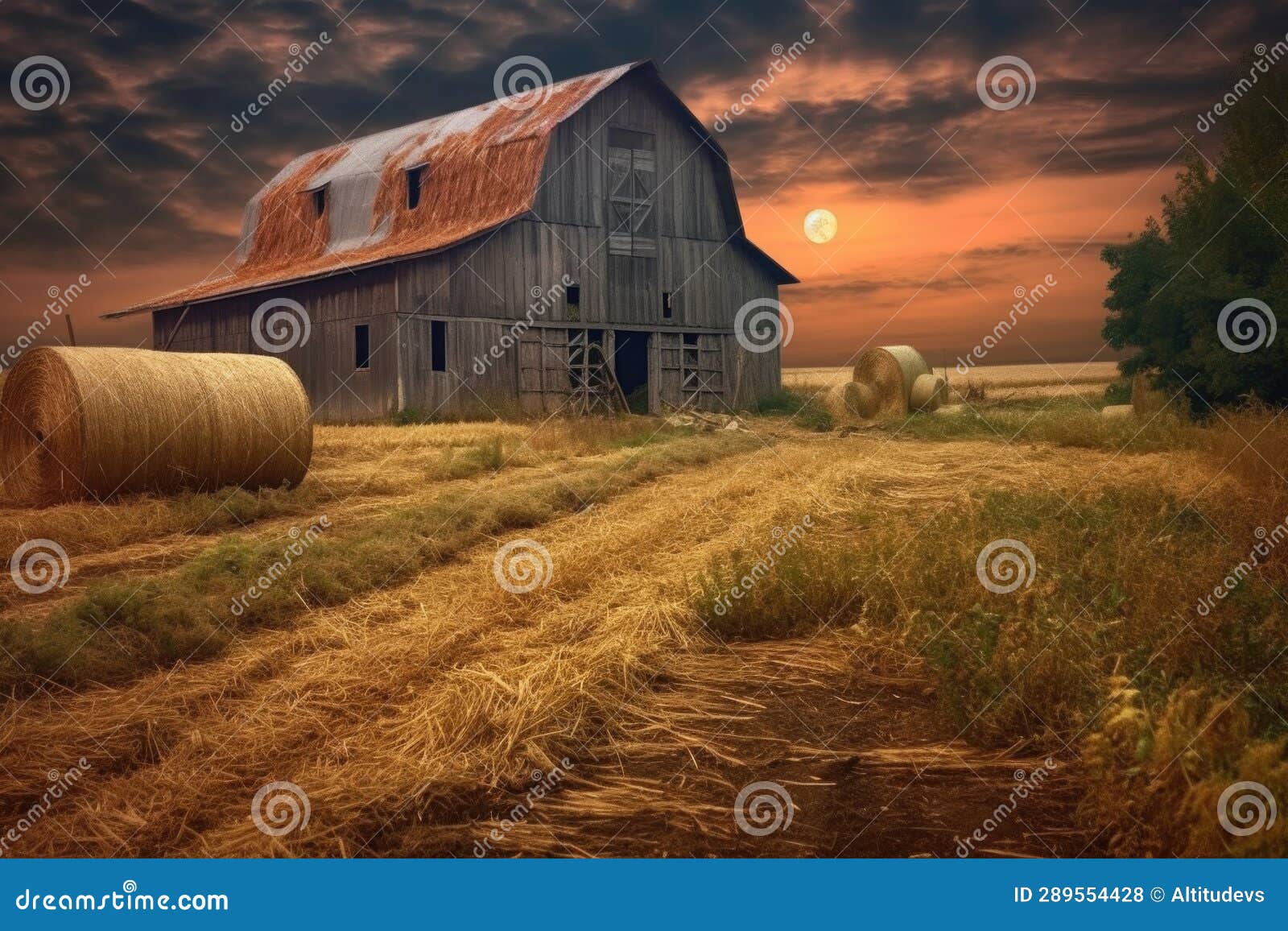Harvest Moon Over a Rustic Barn in a Rural Setting Stock Photo - Image ...