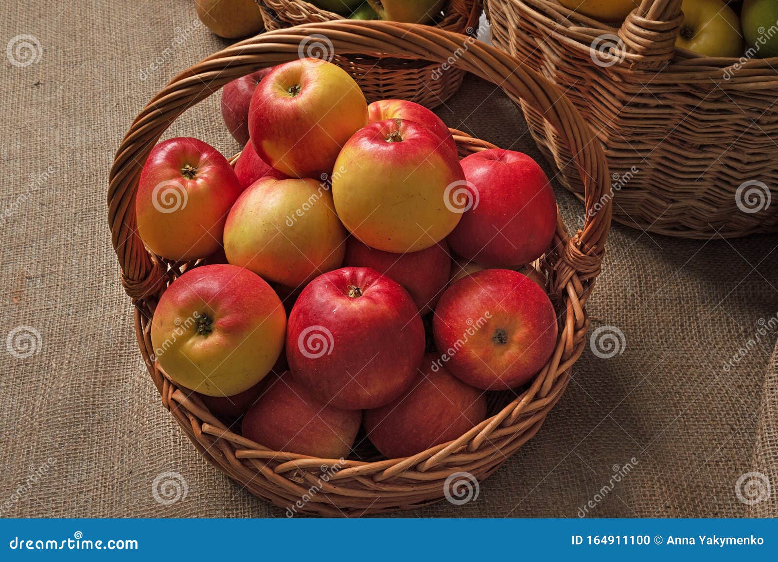 Harvest of Red Apples in a Basket on a Table with Burlap Stock Photo ...
