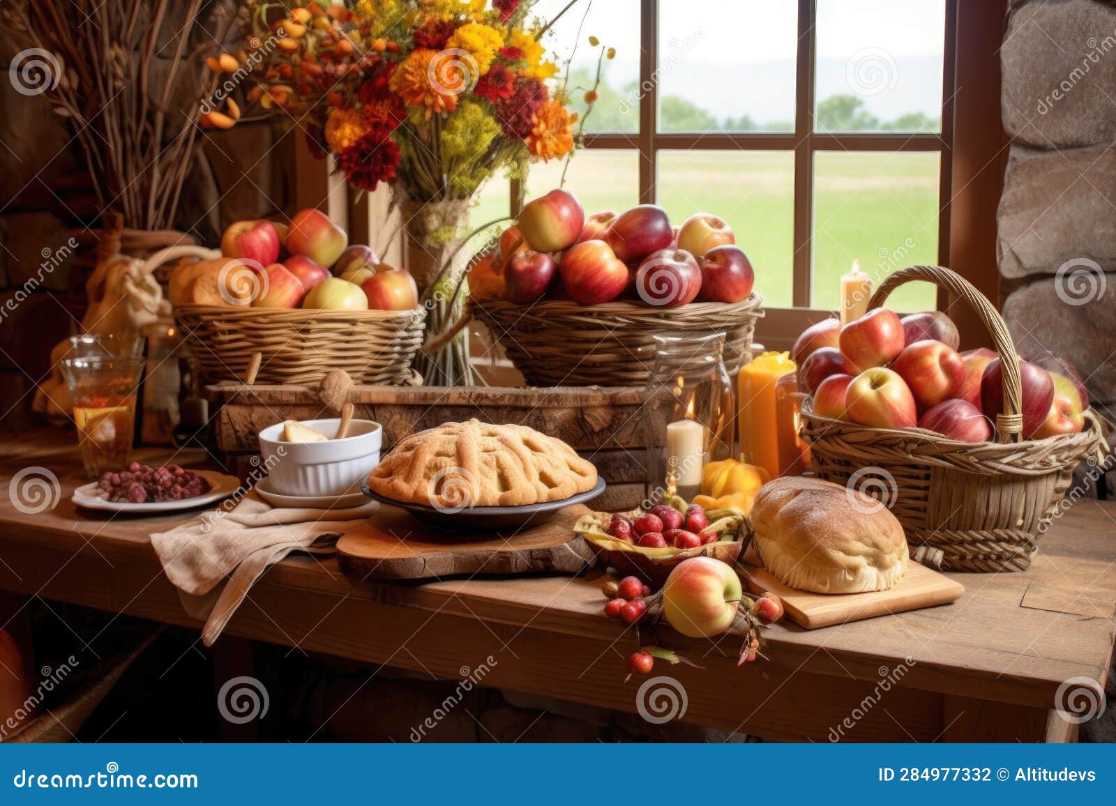 Harvest-themed Table Setting with Apple Pie Centerpiece Stock ...