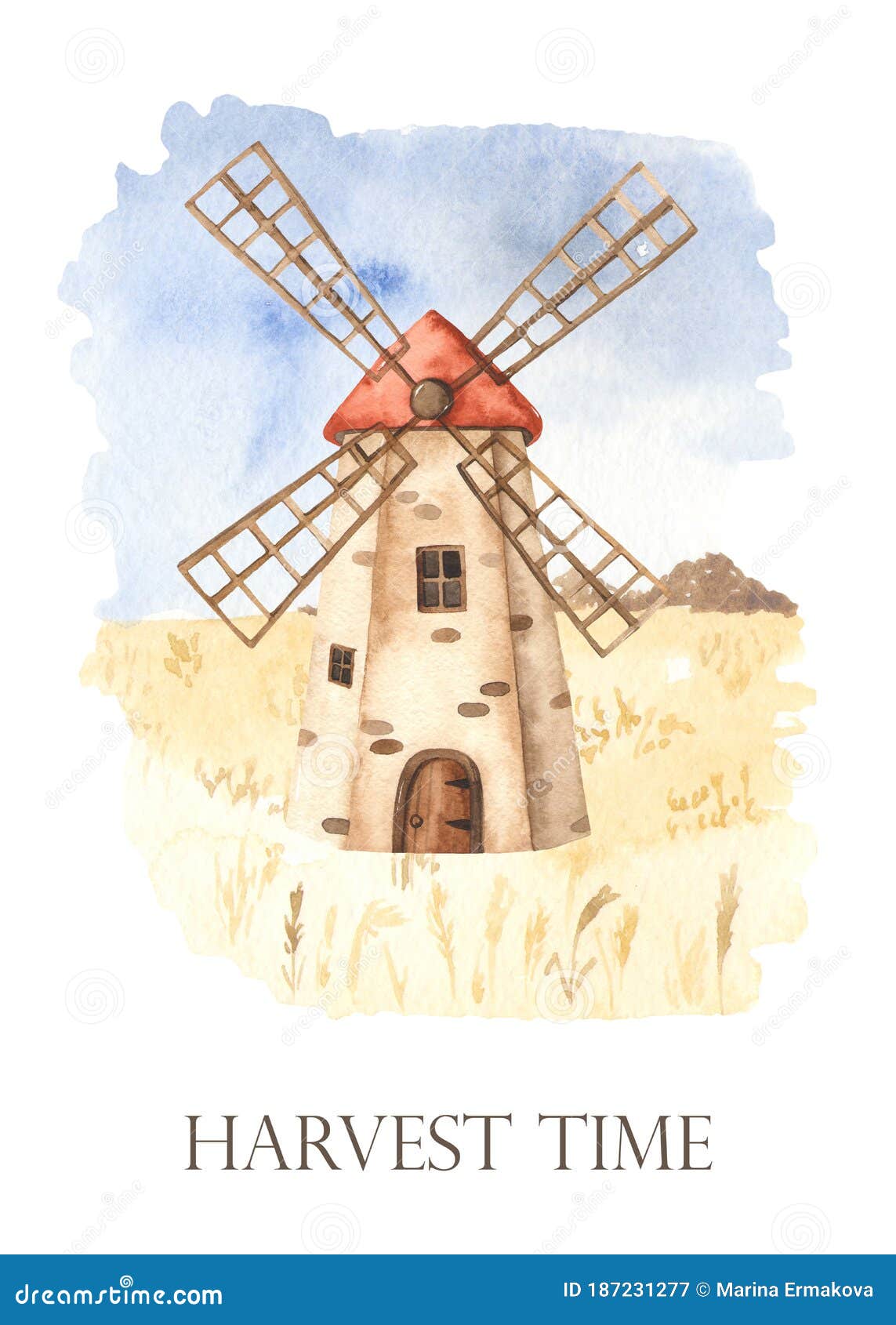 Harvest Time Watercolor Greeting Card with Windmill Stock Illustration ...