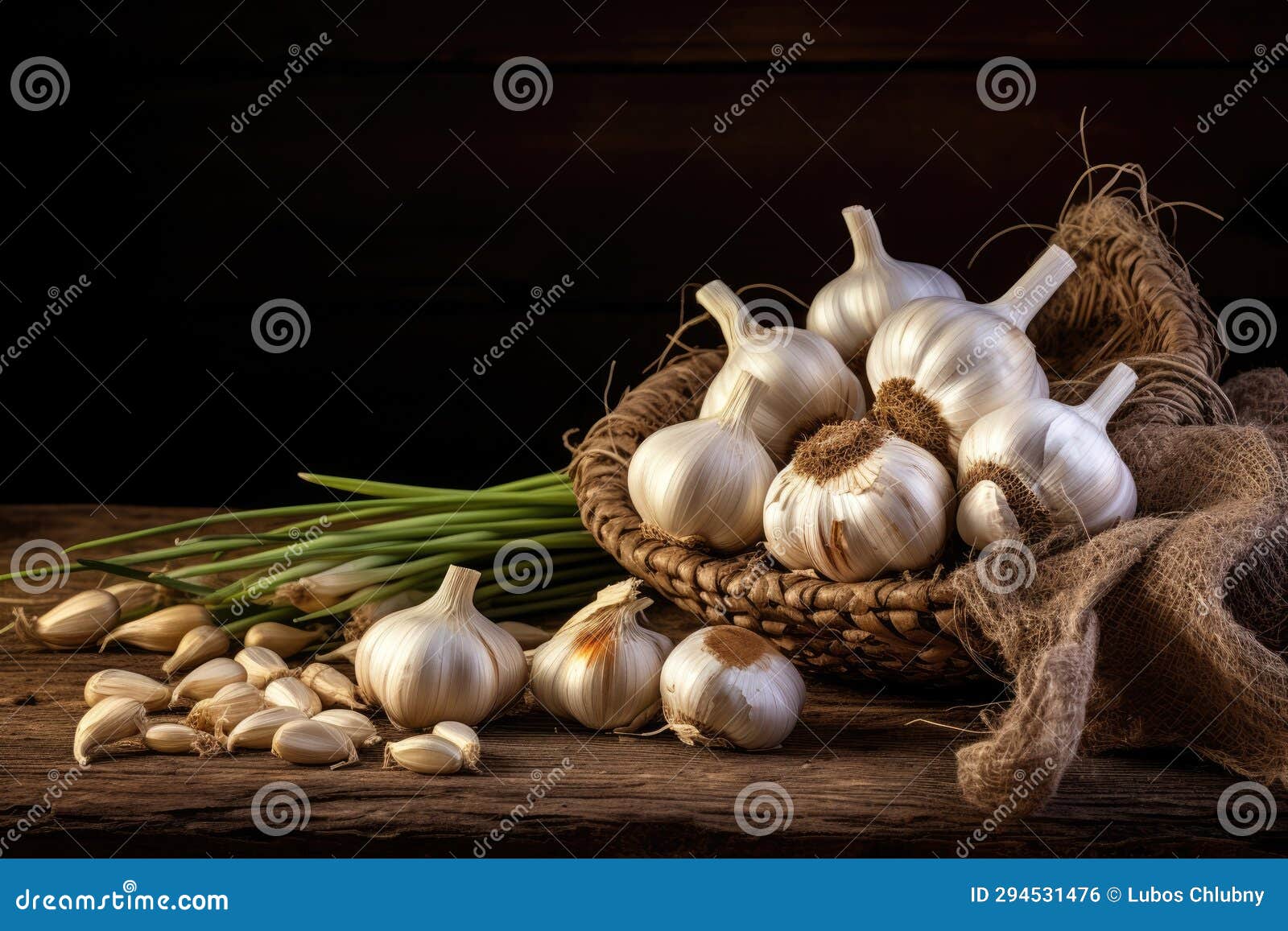 Harvested Garlic, Garlic on a Rustic Old Board Stock Illustration ...