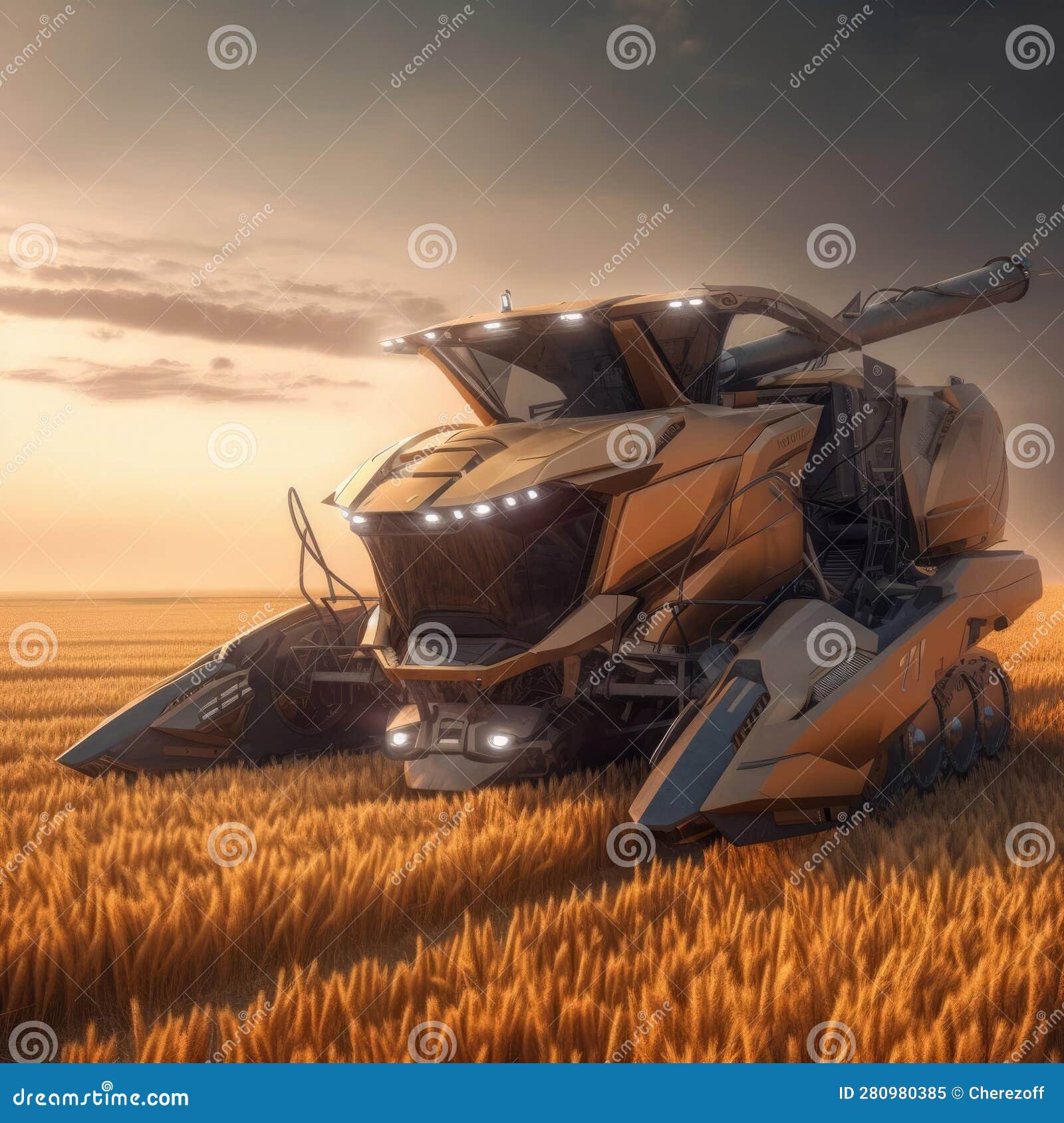 The Harvester of the Future in the Field with Grain Stock Illustration ...
