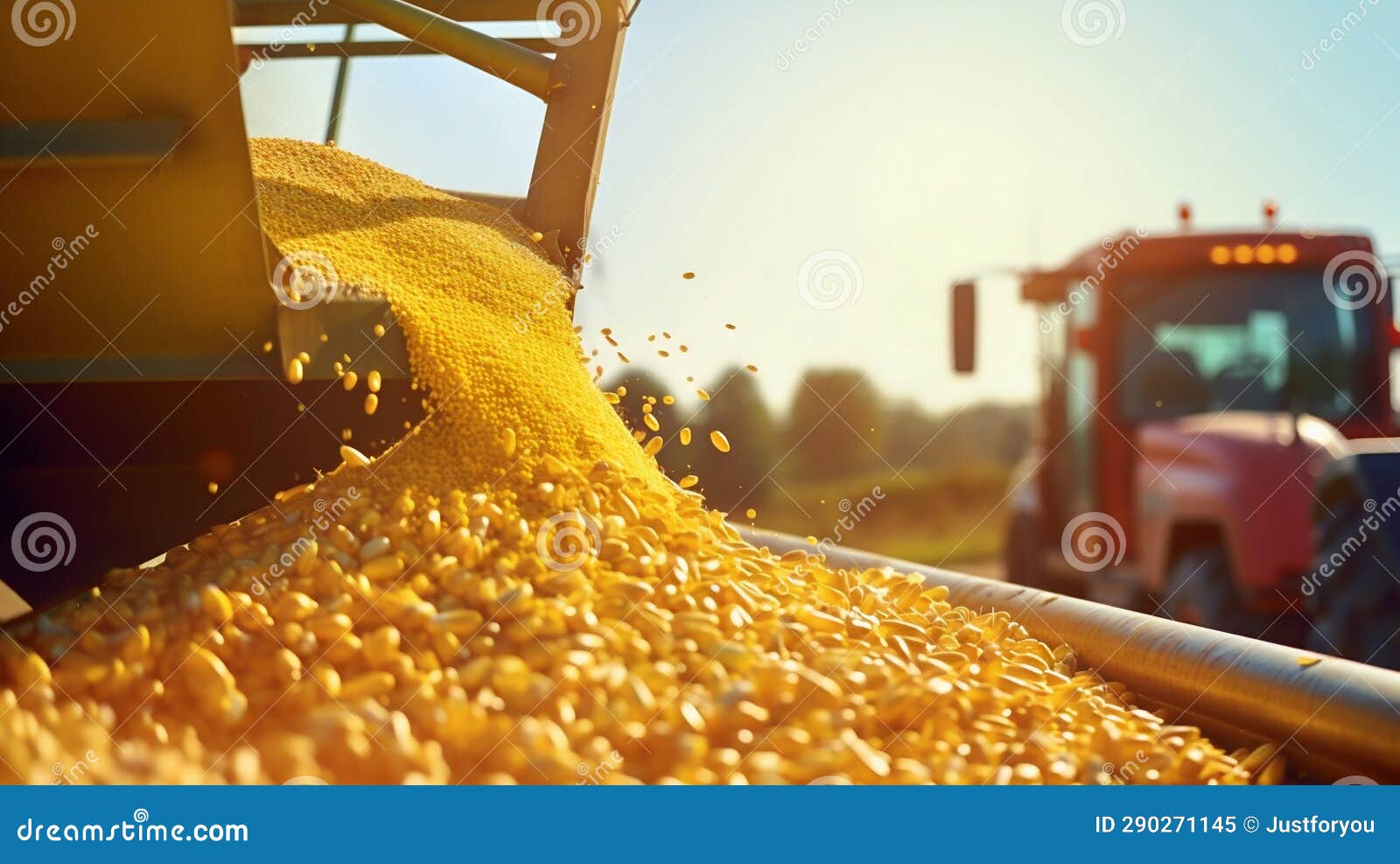 Harvester Unloading Fresh Corn Maize Seeds into Trailer. Generative Ai ...