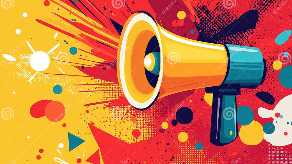 It Has a Blue and Black Megaphone Facing Right on a Red Background with ...