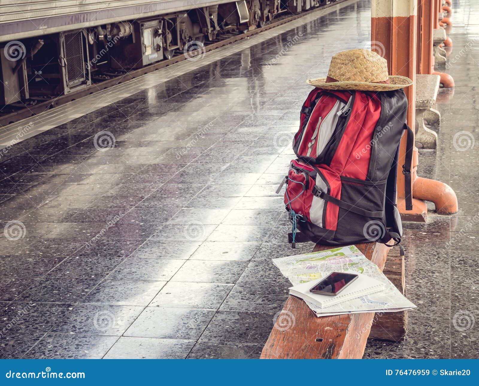 Backpack Map Cellphone Notebook Bench Train Station Stock Photos - Free ...