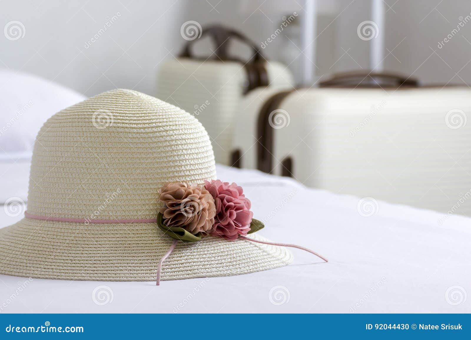 Hat on bed in the bedroom stock photo. Image of guesthouse - 92044430