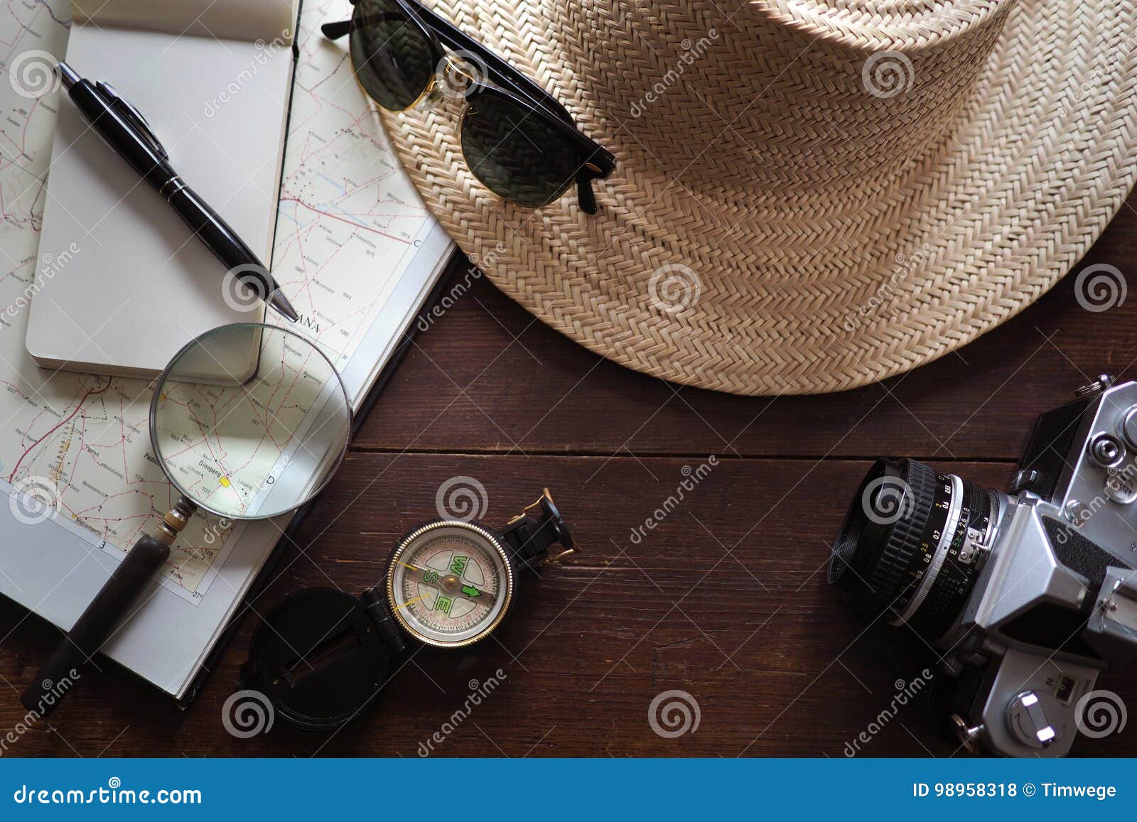 Hat and compass and map stock photo. Image of glass, tourist - 98958318