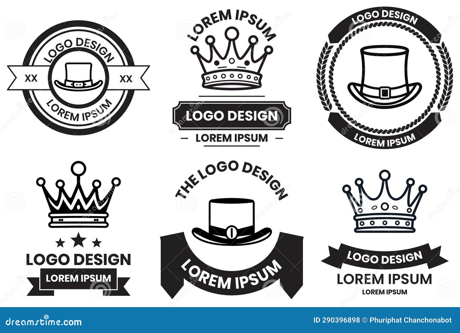Hat and Crown Logo in Flat Line Art Style Stock Vector - Illustration ...