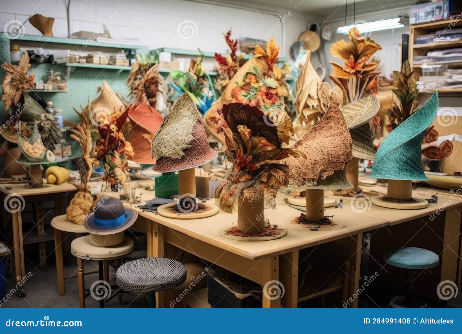 A Hat Makers Workshop with Various Stages of Progress Stock ...